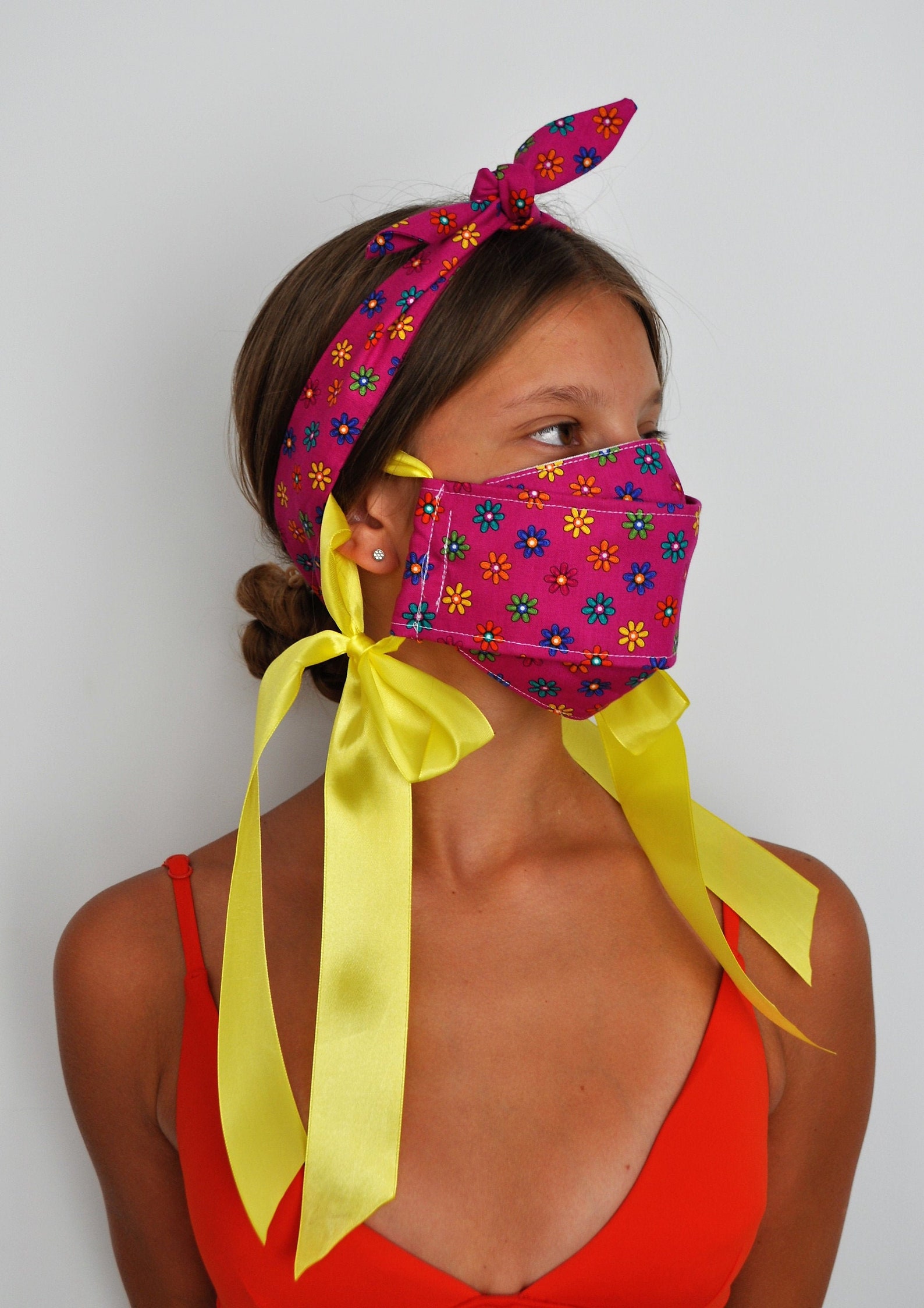 Set Mask Headband, Flowers Rustic Mask, Triple Layer Mask, Decorative ...