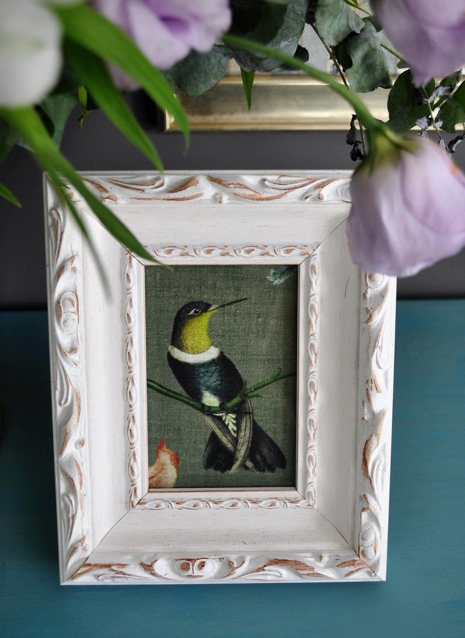 Fabric Bird Frame, Frame Green Bird, White Wooden Frame, Vintage Style ...