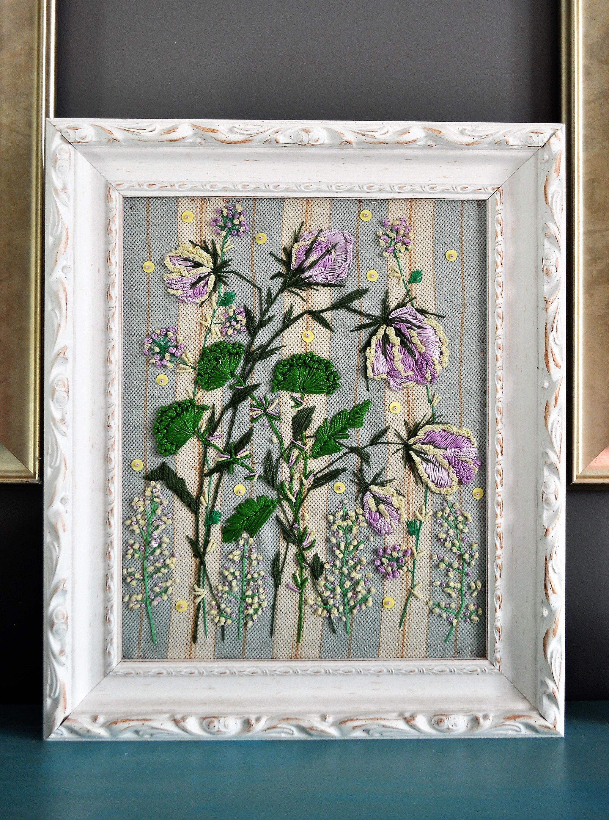 Embroidery in Frame, Collectible Frame, White Wood Frame, Striped Linen ...