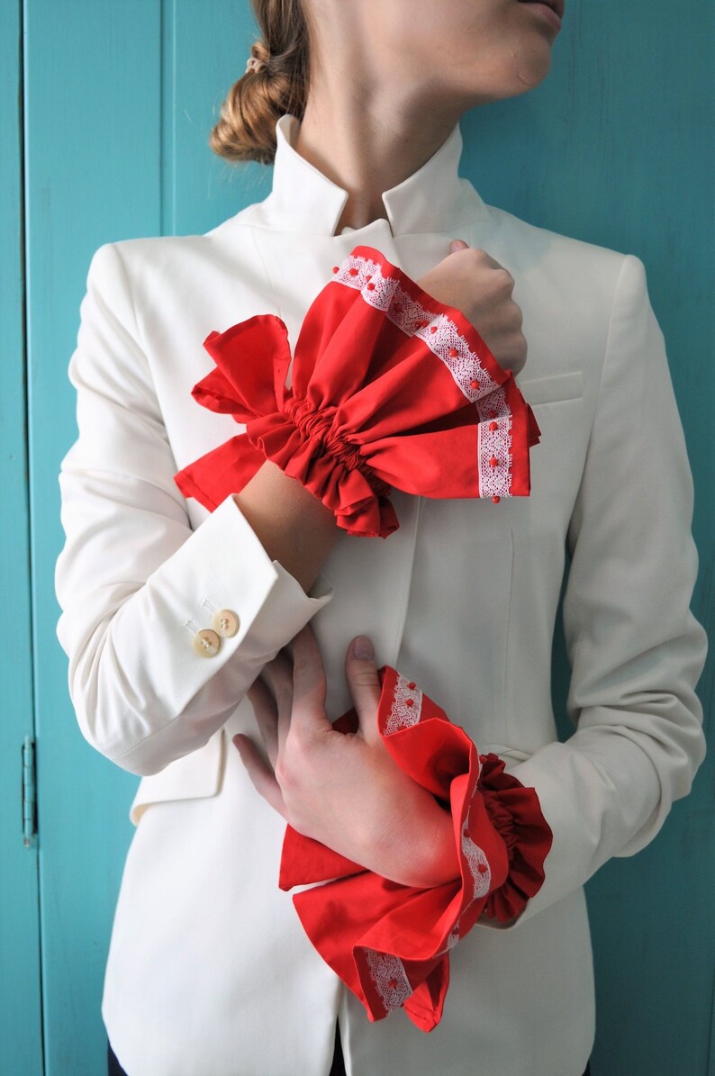 Red Ruffle Cuffs, Ruffle Lace Cuff, Red Cuffs With Ties, Ruffle Cuff ...