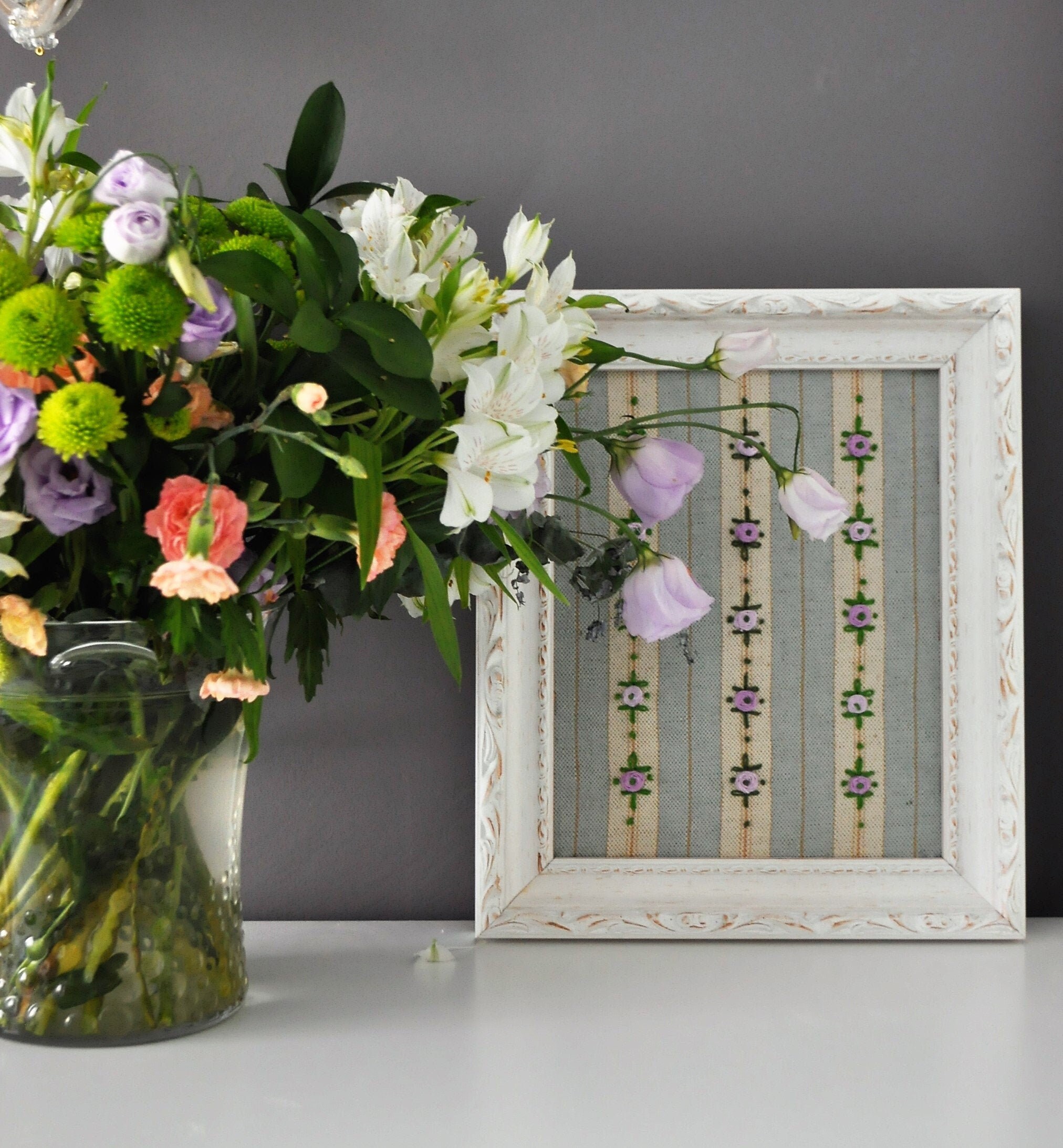 Embroidery in Frame, White Wood Frame, Striped Linen Frame, Hand ...
