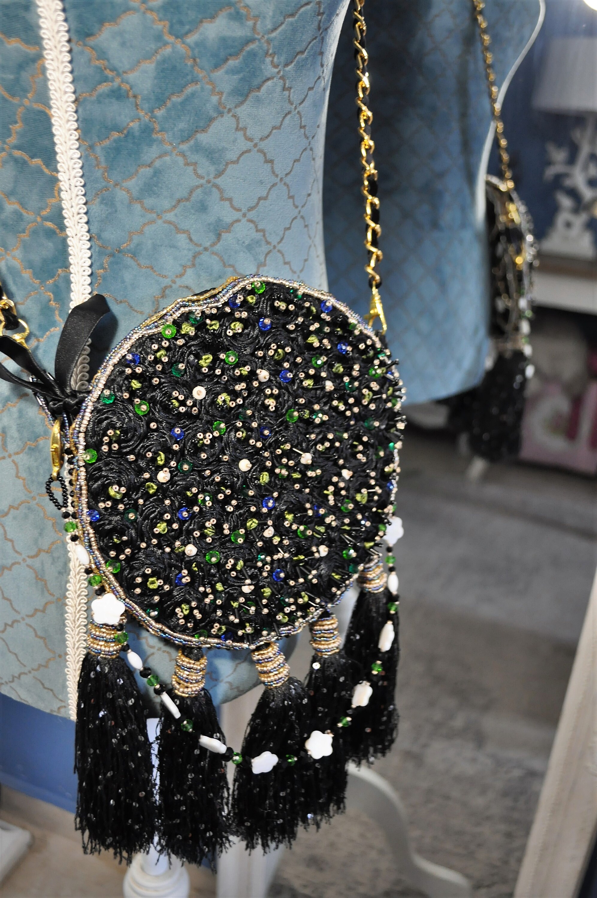 Jewel Round Clutch, Embroidery Satin Bag, Round Clutch Bag, Black Small ...