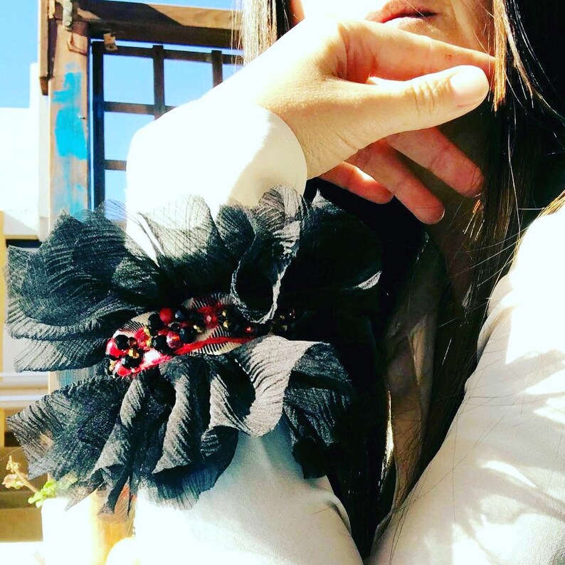 Black Jewel Cuff, Hippie Jewel Cuff, Jewel Cuff With Ties, Ruffle Silk ...