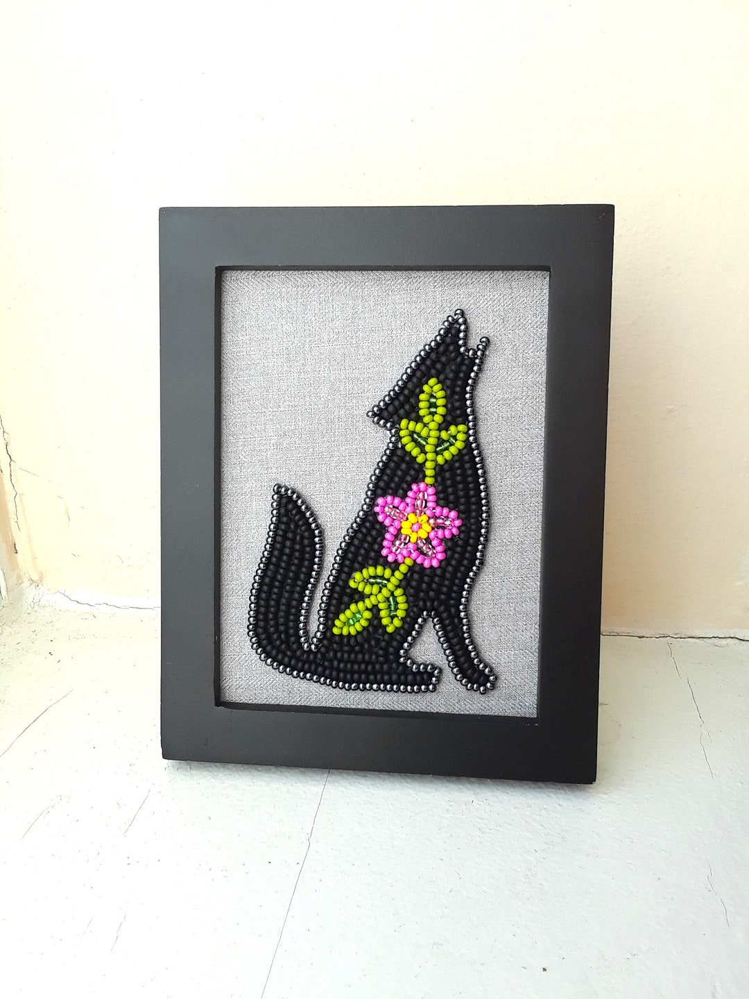 Beaded Wolf, Black Wolf, Metis Beadwork, Native, Indigenous Art, Framed ...