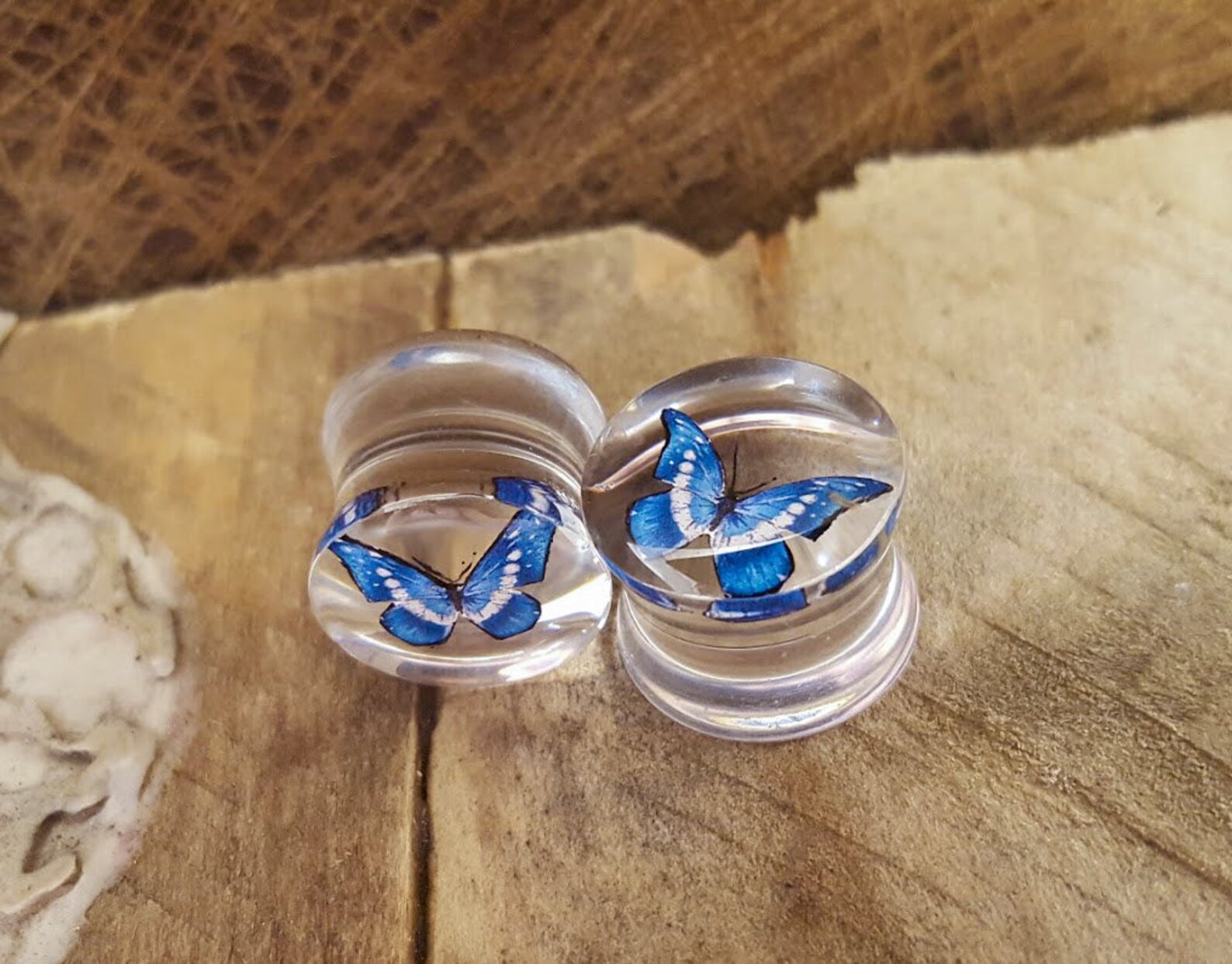 Clear Blue Butterfly Ear Plugs/ Gauges for Stretched Ears. Double ...