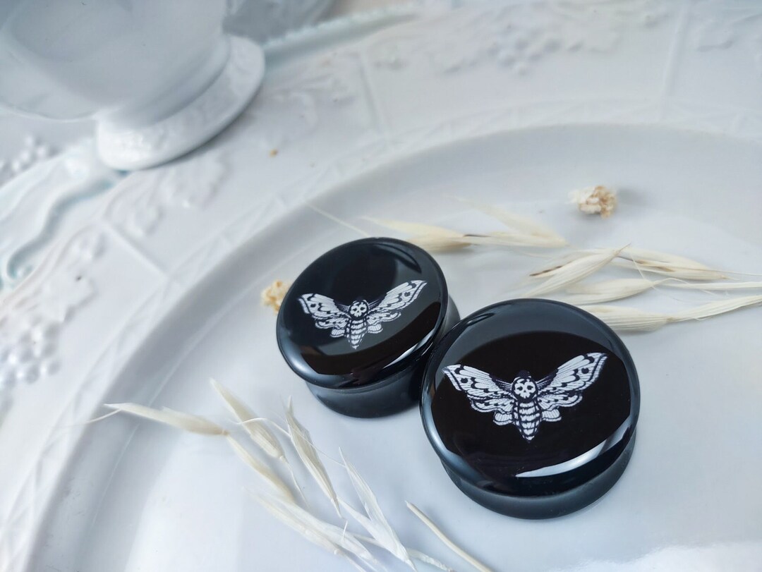 Black Death's Head Moth Ear Plugs/ Gauges for Stretched Ears. Double ...