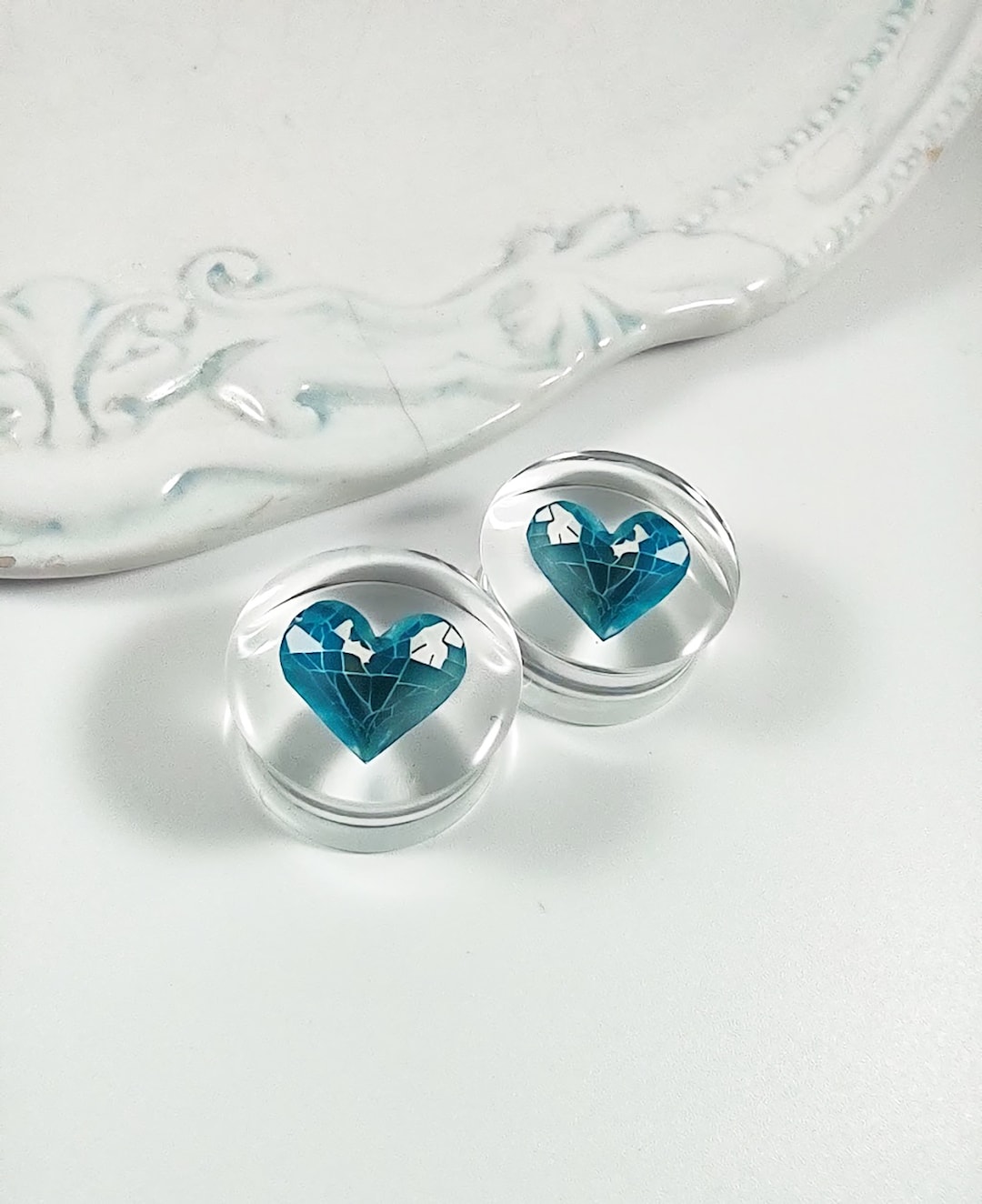 Clear Blue Broken Heart Ear Plugs/ Gauges for Stretched Ears. Double ...