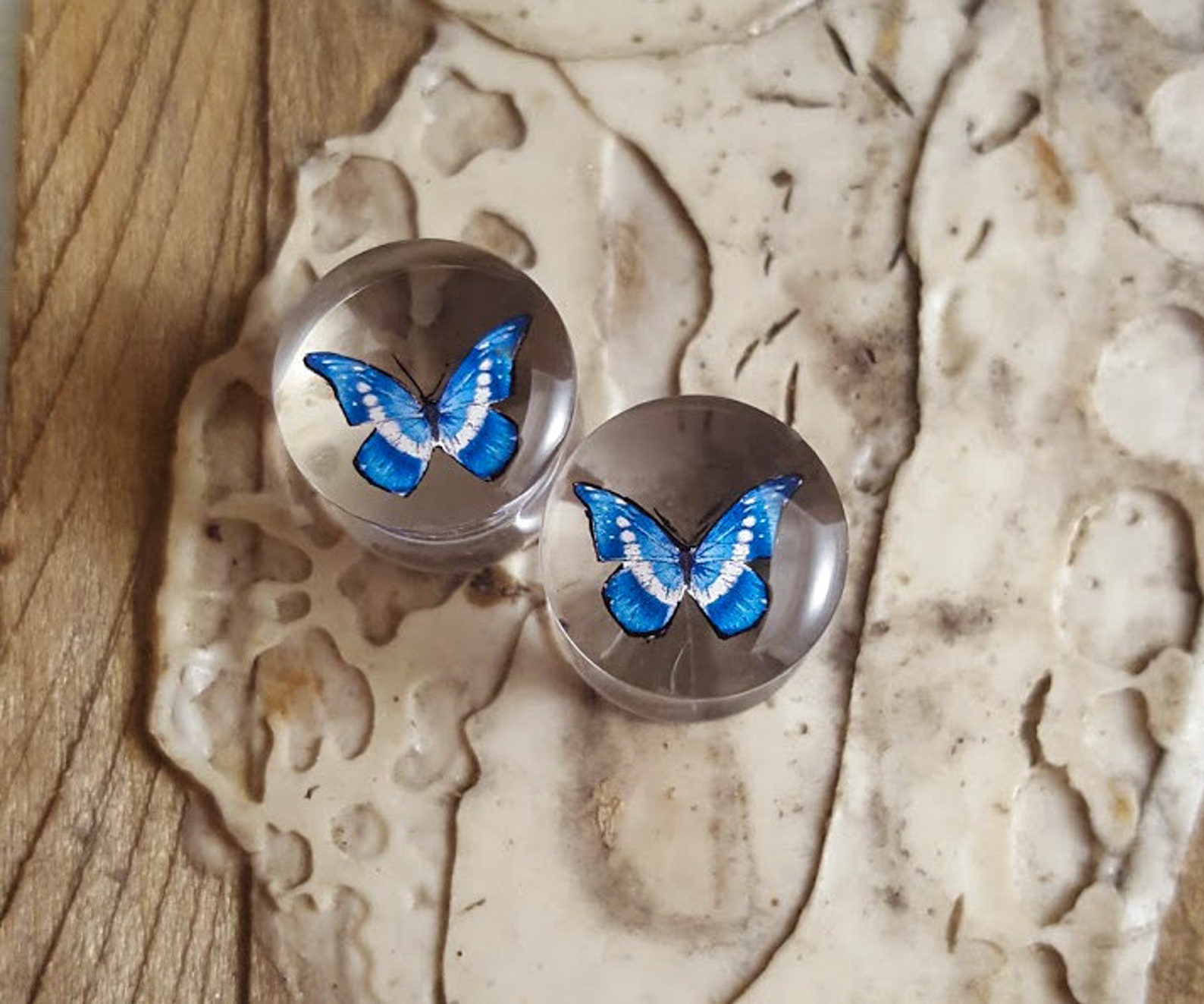 Clear Blue Butterfly Ear Plugs/ Gauges for Stretched Ears. Double ...
