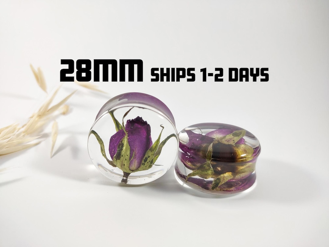 28mm Rose Real Flower Clear Resin Gauges/ Ear Plugs for Stretched Ears ...