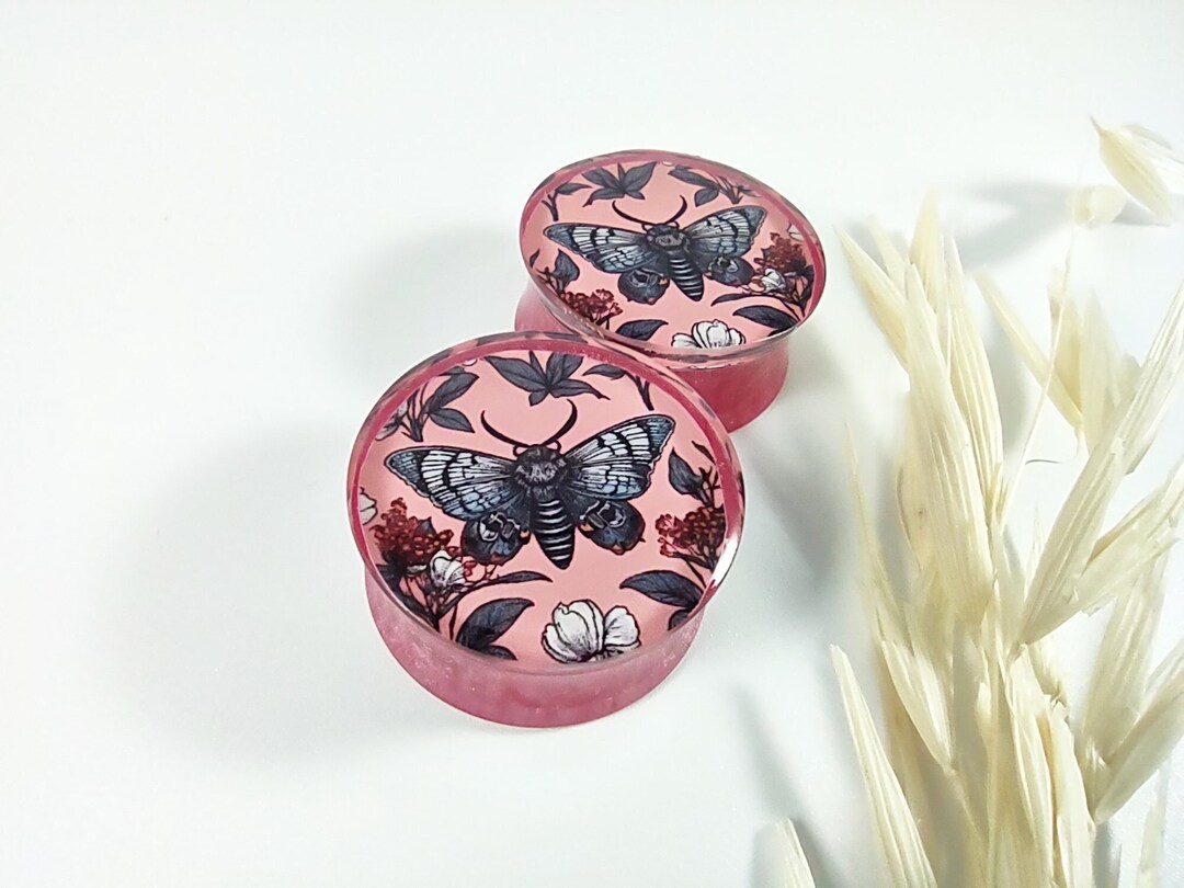Pink Moth With Flowers Ear Plugs/ Gauges for Stretched Ears. Double ...