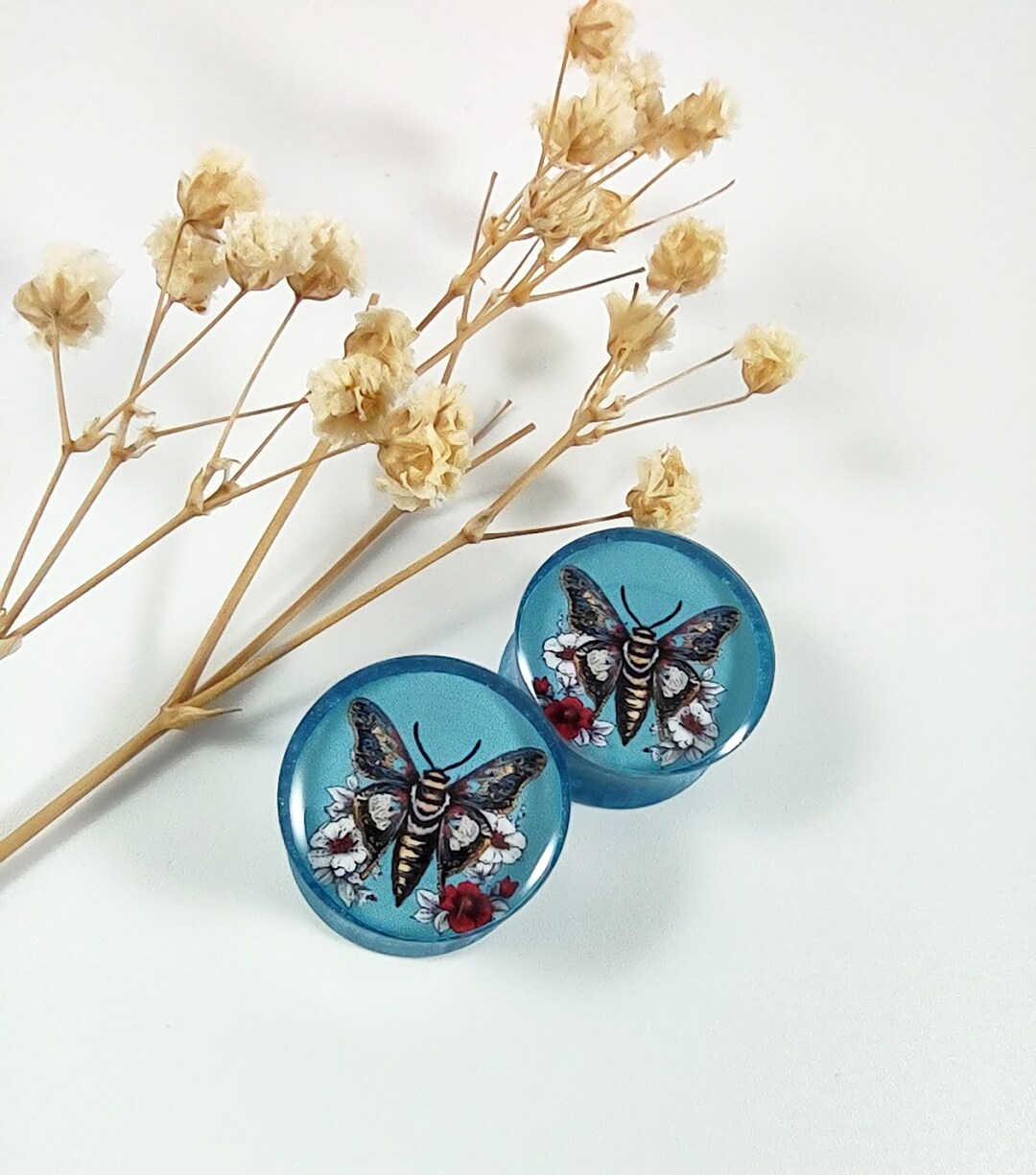 Blue Moth With Flowers Ear Plugs/ Gauges for Stretched Ears. Double ...