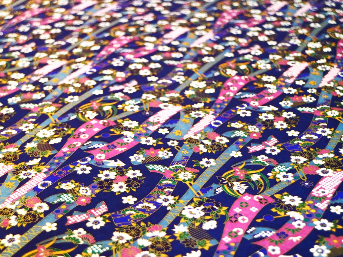 Japanese Yuzen Chiyogami Washi Paper: Pink Ribbon Floral, Dark Purple ...
