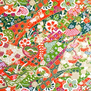 Japanese Yuzen Chiyogami Washi Paper - Green and Orange Floral Print ...