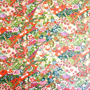 Japanese Yuzen Chiyogami Washi Paper - Green and Orange Floral Print ...