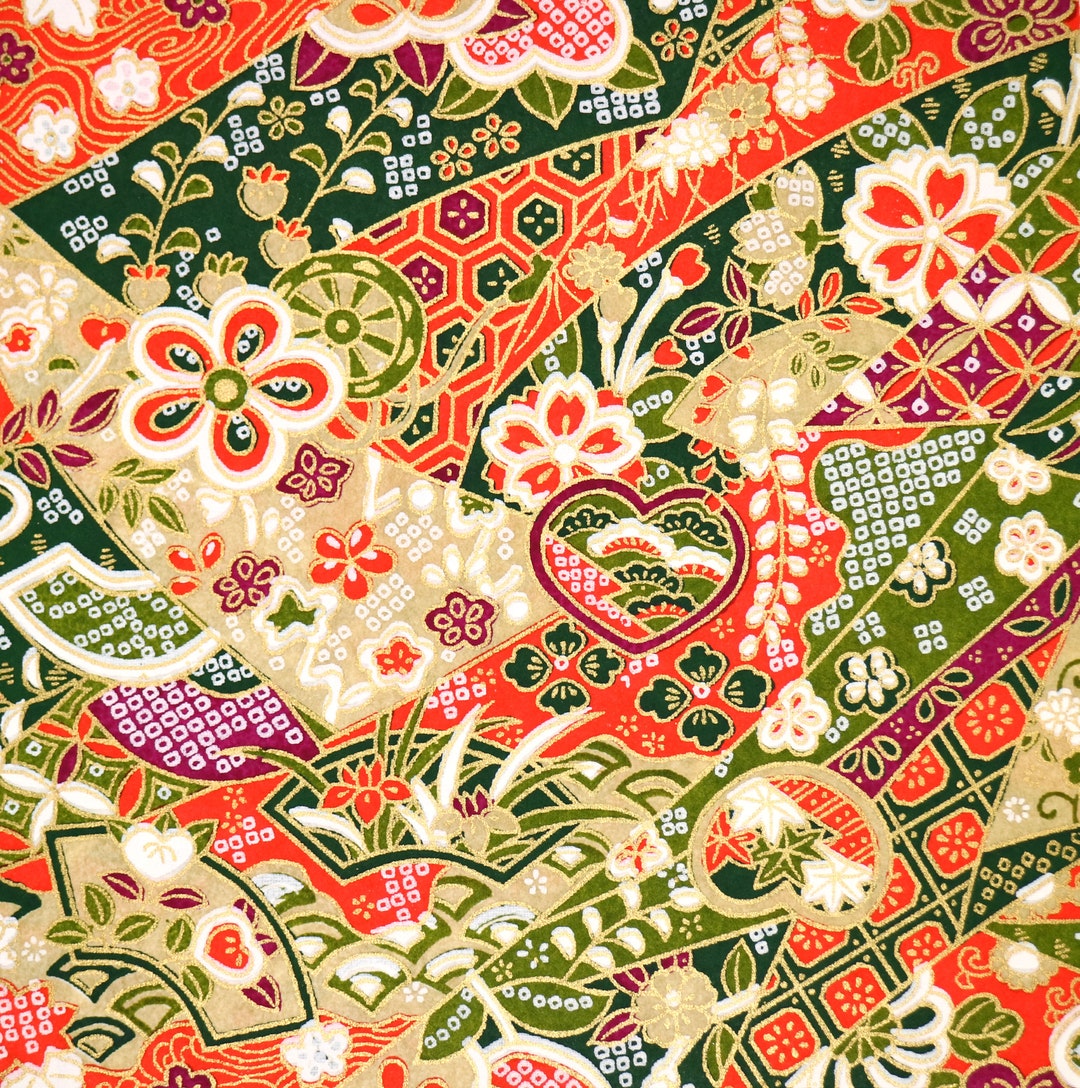 Japanese Yuzen Chiyogami Washi Paper - Green and Orange Floral Print ...