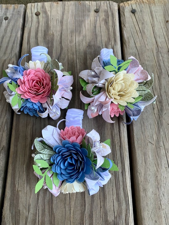 Paper Flower Corsage With Origami Wristlet for Bridal Party | Etsy