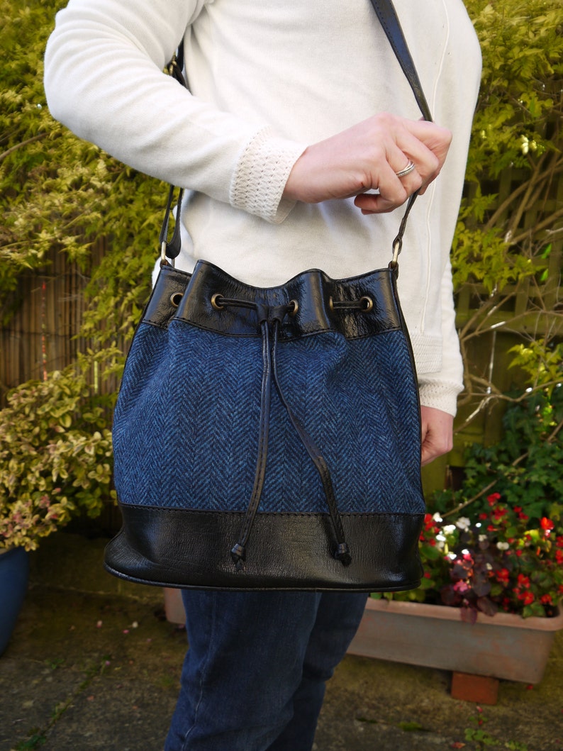 Black Leather and Tweed Drawstring Duffle Shoulder Bag-2 - Etsy