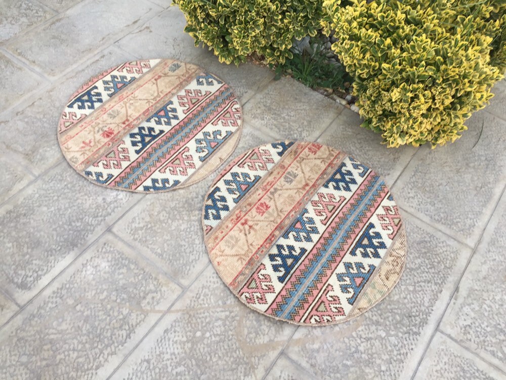 Pair Round Rug Patchwork Rug Wool Carpet Rug Handmade | Etsy