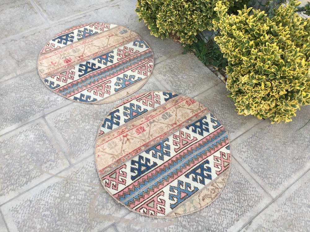 Pair Round Rug Patchwork Rug Wool Carpet Rug Handmade | Etsy