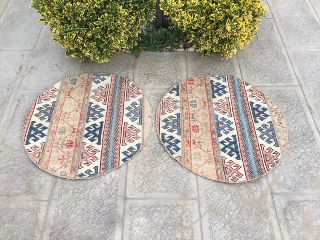 Pair Round Rug, Patchwork Rug, Wool Carpet Rug, Handmade Vintage Rug ...