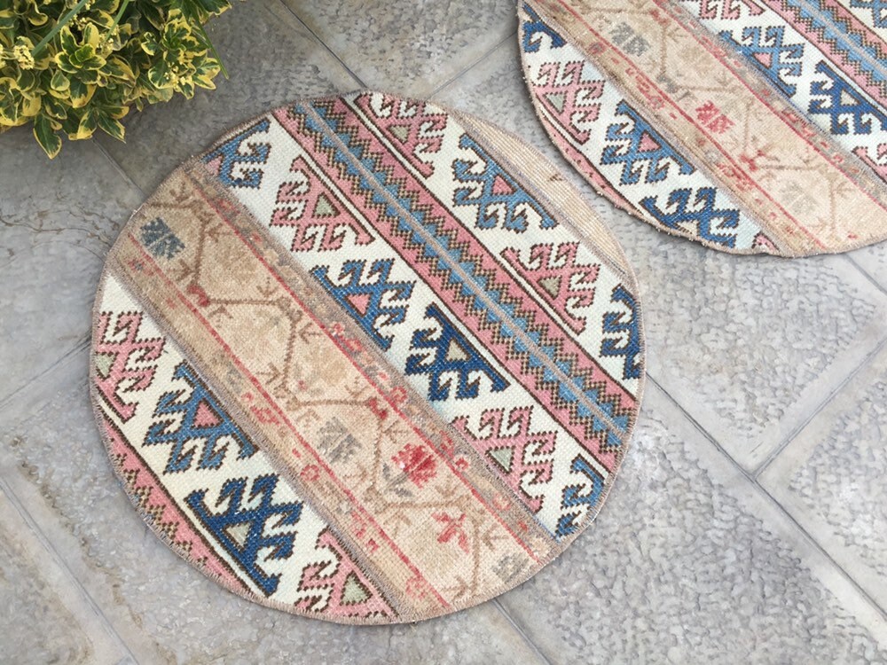 Pair Round Rug Patchwork Rug Wool Carpet Rug Handmade | Etsy