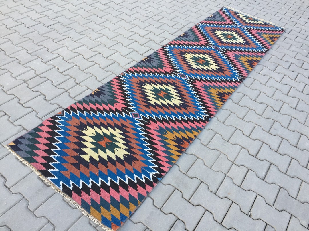 Rug RUNNER, Blue Rug, Blue Kilim Rug Runner, Boho Rug, Bohemian Kilim ...