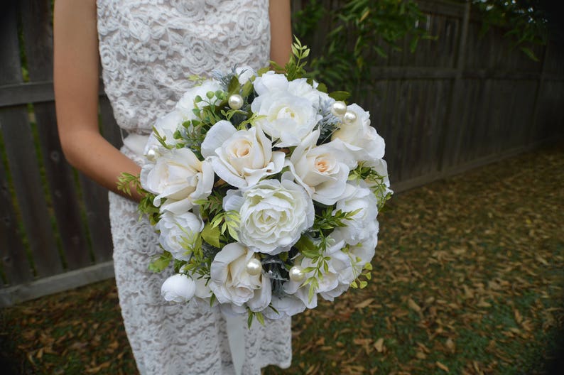 Traditional Round Wedding Bouquet With Pearls, Bridal Bouquet, Silk ...
