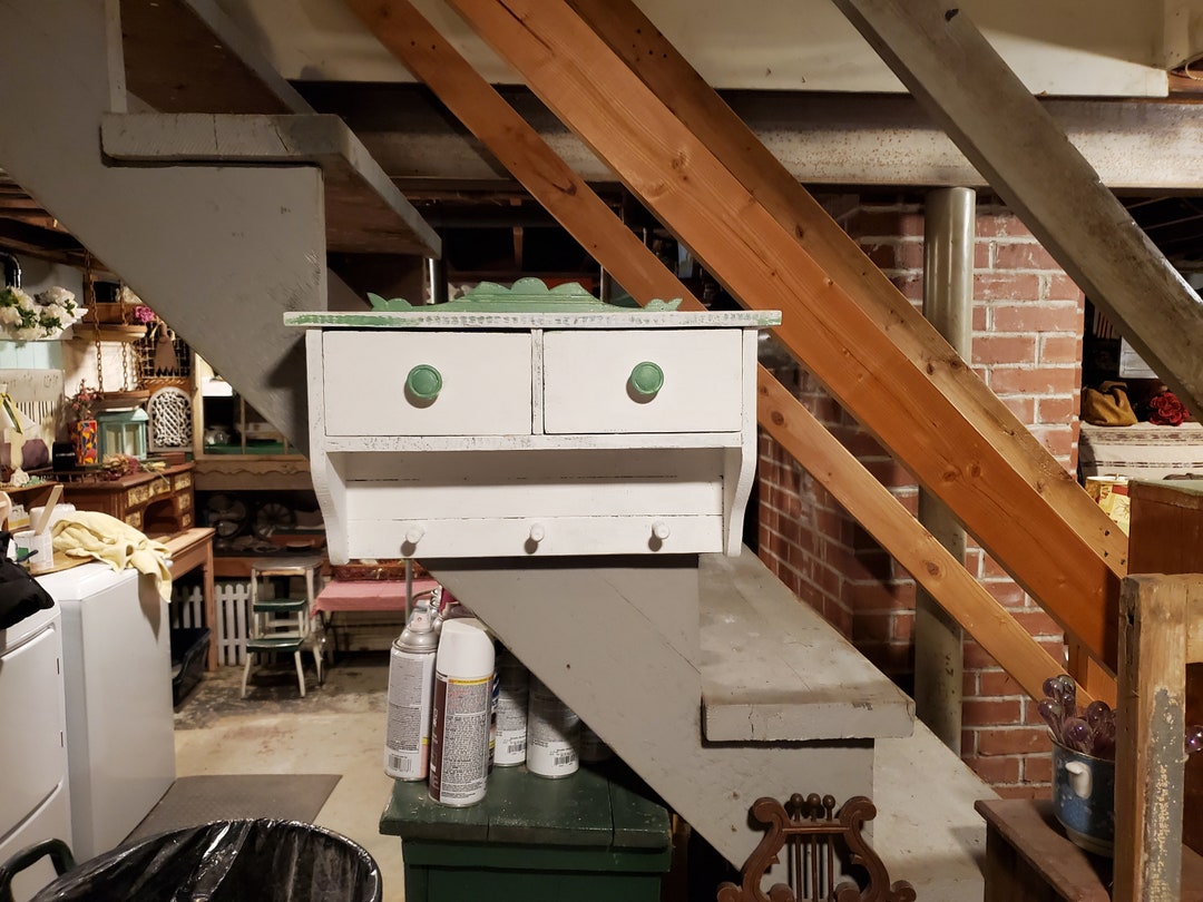Vintage Shabby Chic Wooden Cabinet With Shelf, 2 Cubby Drawers, 4 Pegs ...