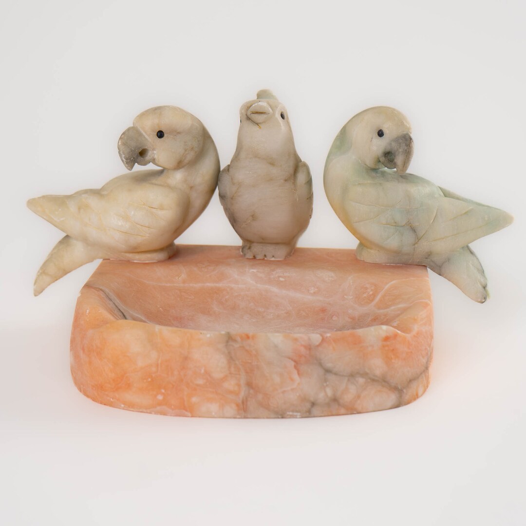 Vintage Italian Carved Alabaster Parrot Catchall Dish - Pink White ...