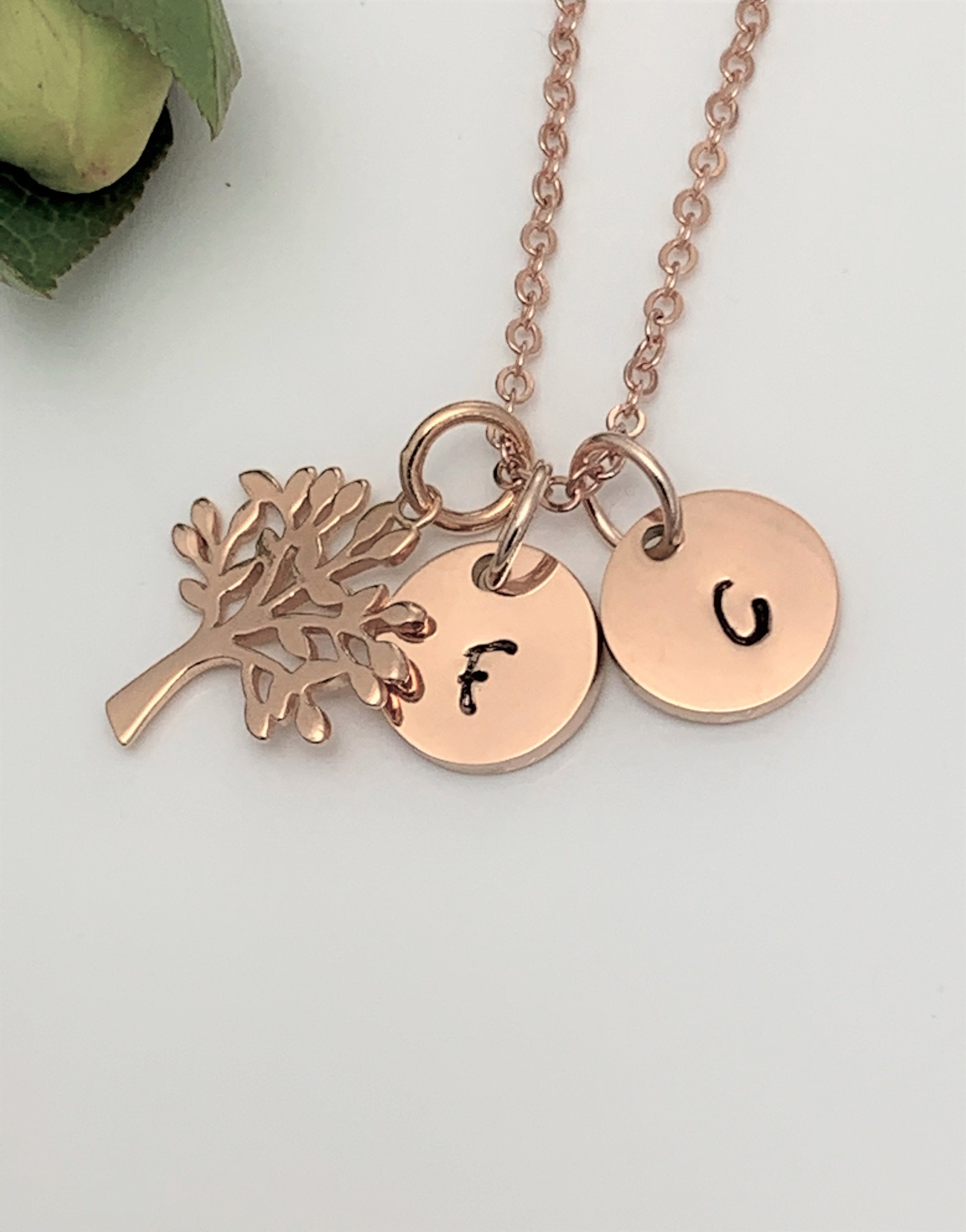 Family Tree and Initials Necklace Rose Gold 1, 2, 3,4 or 5 Initials ...