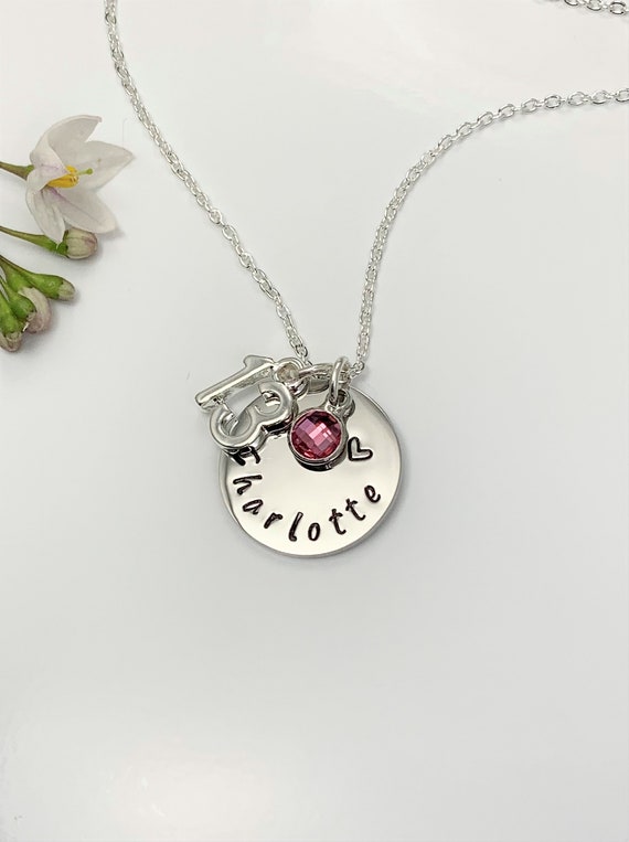 13th Birthday Name Necklace Birthstone Charm Necklace Hand Stamped Name Disc. Teenager Milestone Gift Personalised Jewellery UK Seller Etsy