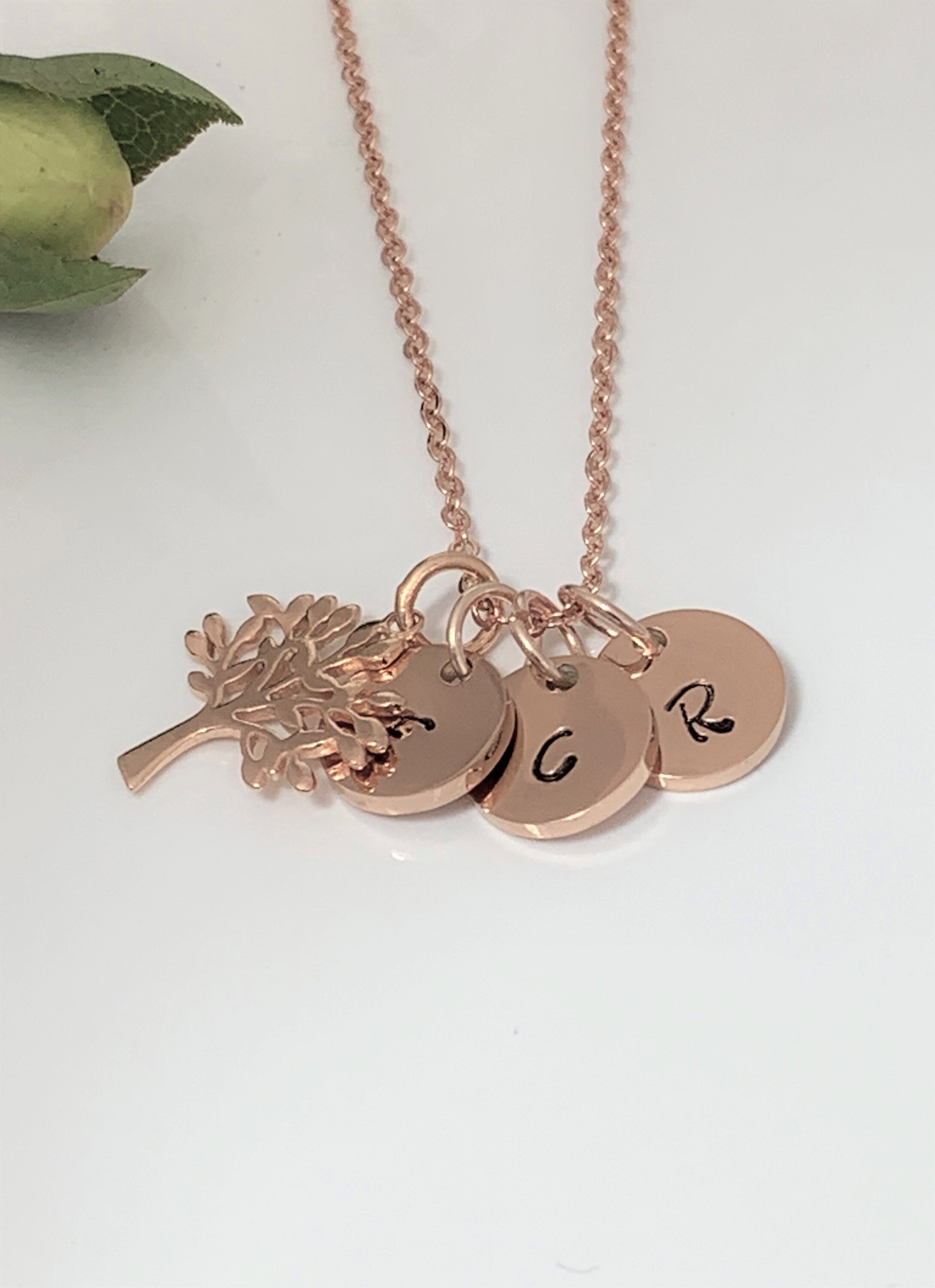 Family Tree and Initials Necklace Rose Gold 1, 2, 3,4 or 5 Initials ...