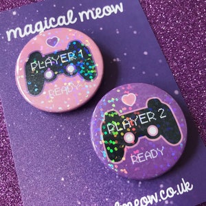 Player 1 Player 2 Holographic Pin Badge Set 38mm, Kawaii, Gaming, Gamer ...