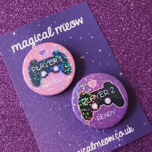 Player 1 Player 2 Holographic Pin Badge Set 38mm, Kawaii, Gaming, Gamer ...