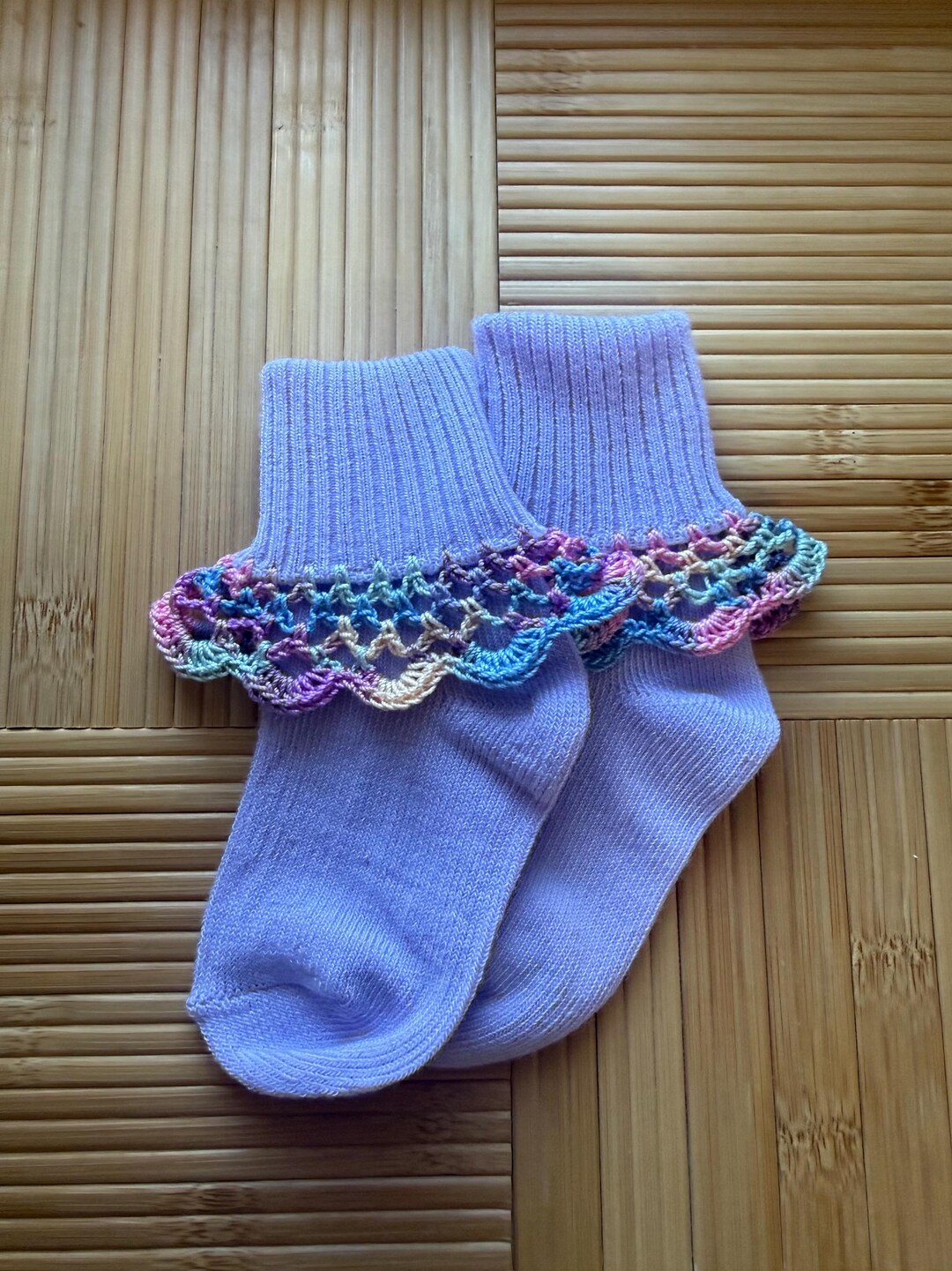 Handmade Crochet Edged Baby Socks: Purple Rainbow Pastel, 6-18 Months ...