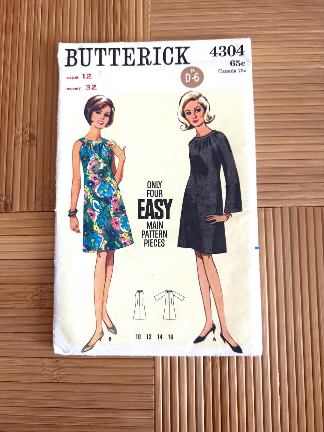 4304 Butterick Vintage Sewing Pattern, Size 12 One Piece Dress, Vintage ...