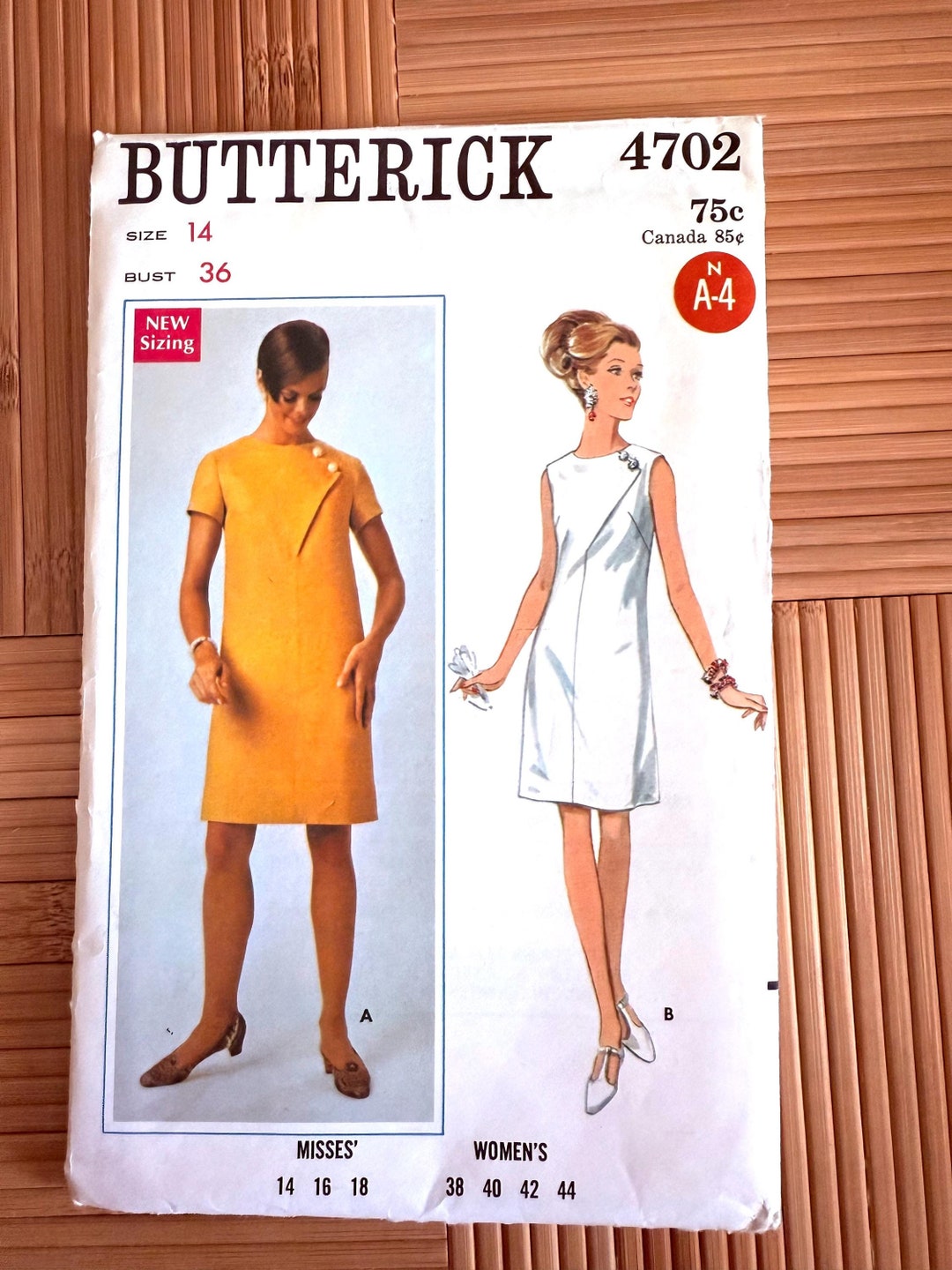 4702 Butterick Vintage Sewing Pattern, Size 14 One Piece Dress Sewing ...