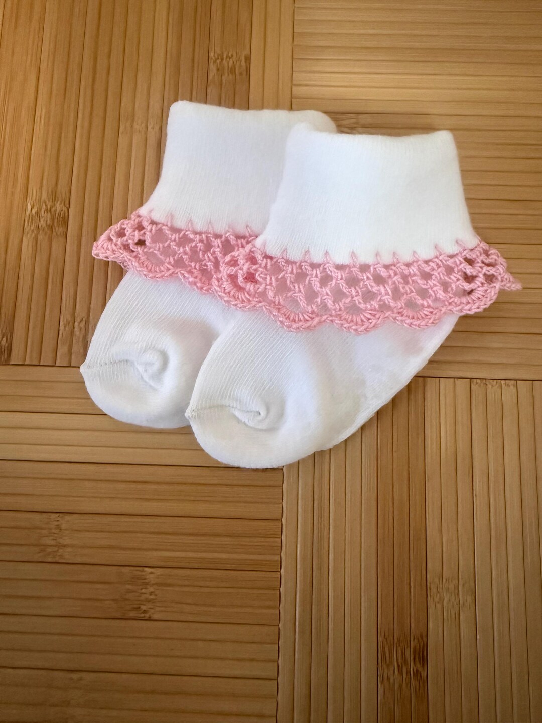 Crochet Edged Toddler Socks: White Socks With Soft Pink Crocheted ...