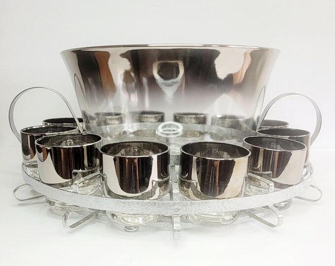 Vitreon Queen's Lusterware Silver Ombre 14pc Punch Bowl Set W/ Caddy ...