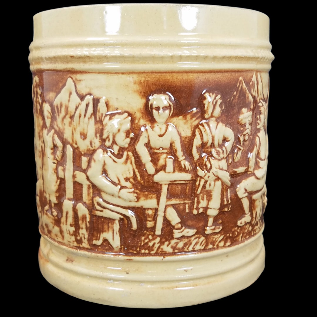 1920's Hull Alpine Pretzel Jar Yellow Ware Embossed Scene Pottery No ...