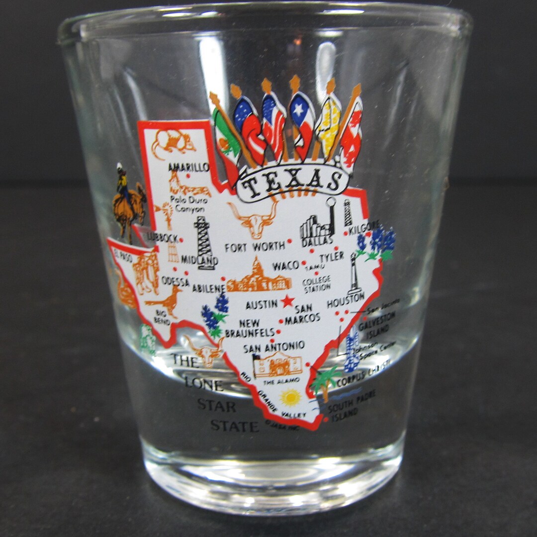 Lone Star State of Texas Cities Souvenir Shot Glass 6 Flags Libbey 2 3/ ...