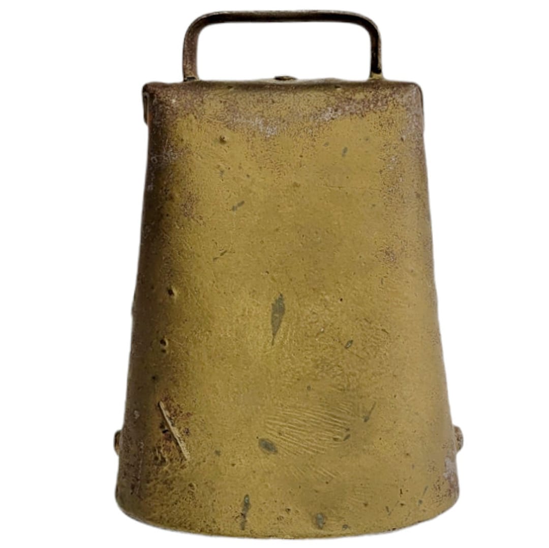 Vtg Folded Metal Riveted Gold Painted Cow Bell W/ Original Ball Clapper ...