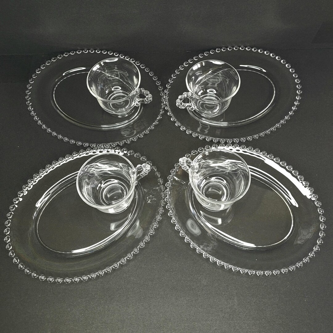 Imperial Glass Candlewick Snack Set 4 Footed Cups 4 Oval Plates W/ Ring ...