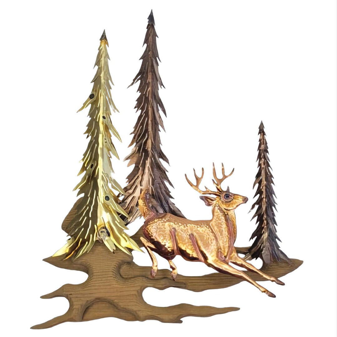 Tri-color Tin Metal Wood Wall Art Plaque Forest Running Deer 14 3/4" X ...