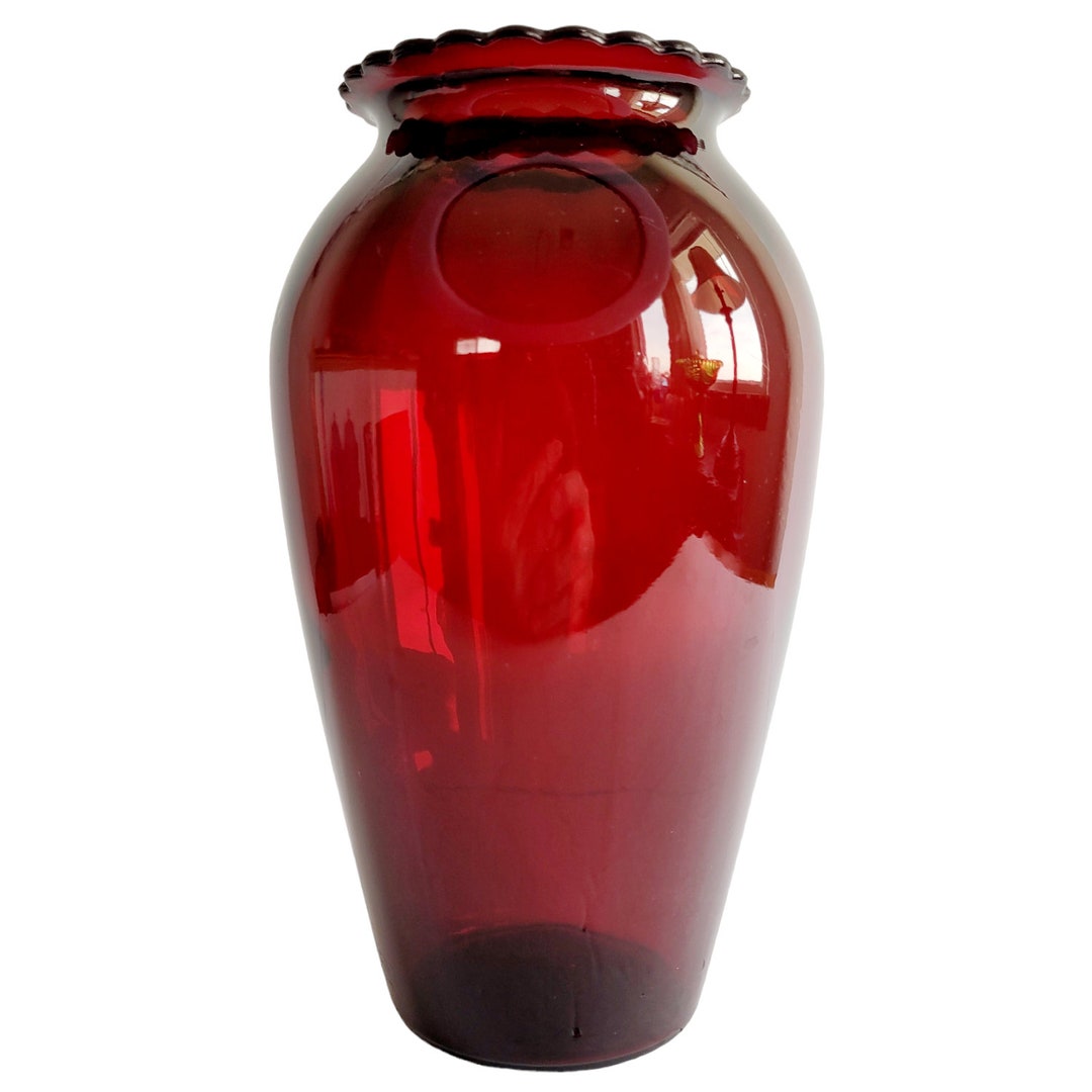 Anchor Hocking Royal Ruby Red Glass 9" Hoover Vase Scalloped Edges Mid ...