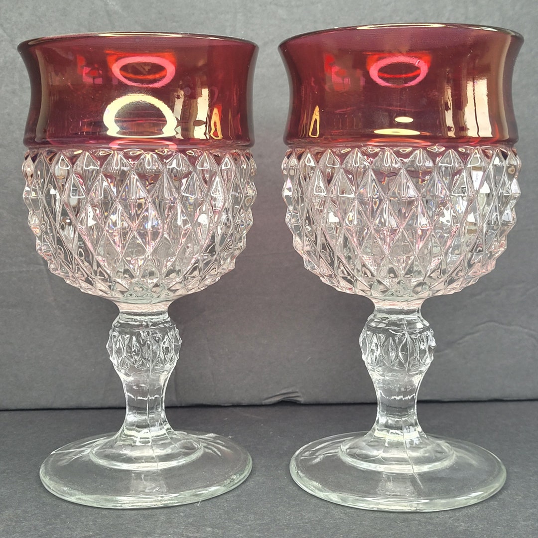 Indiana Glass Ruby Stain Diamond Point Water Goblet X 2 - Etsy