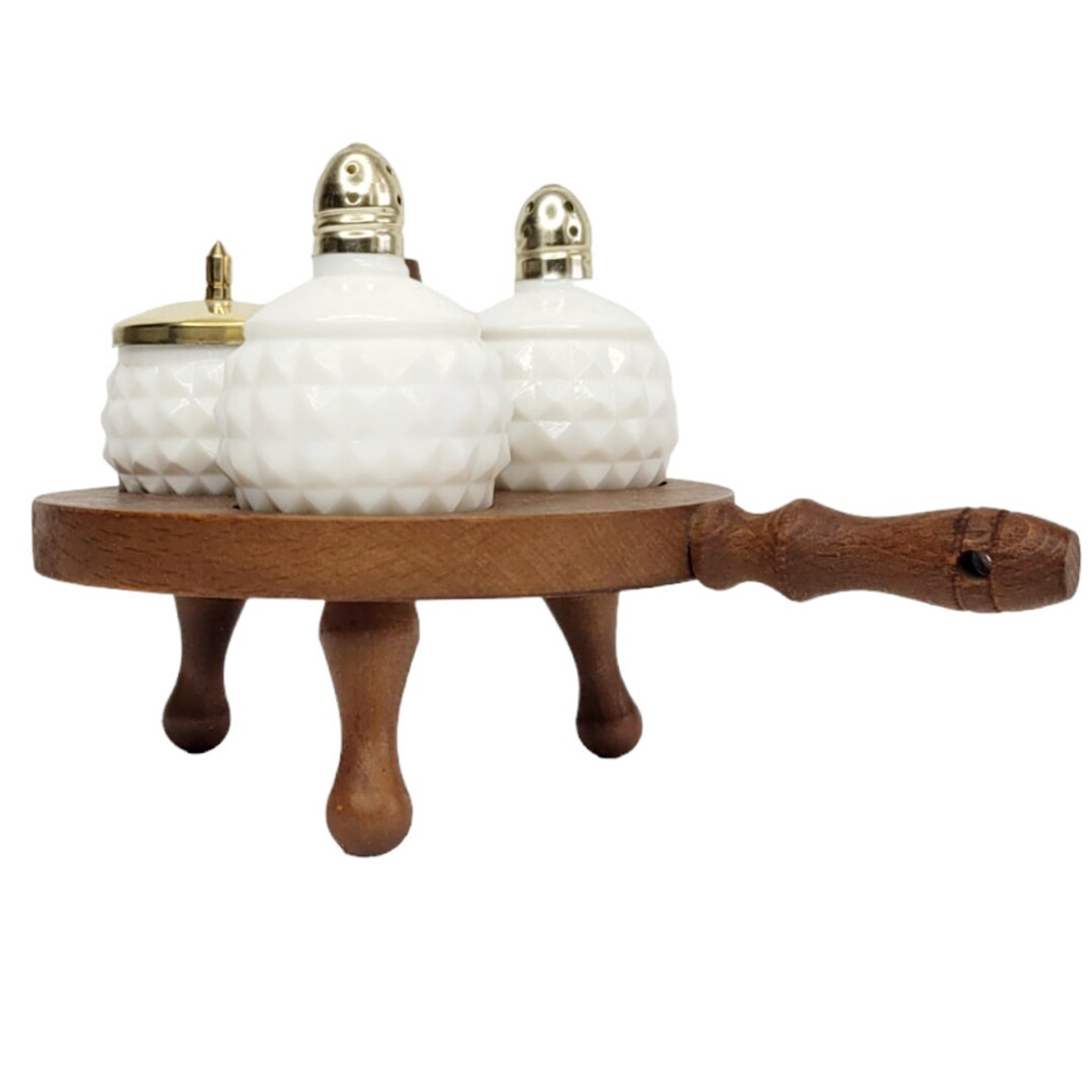 Enesco Wood Cork Legged Tray Diamond Point Milk Glass Shakers Lid ...