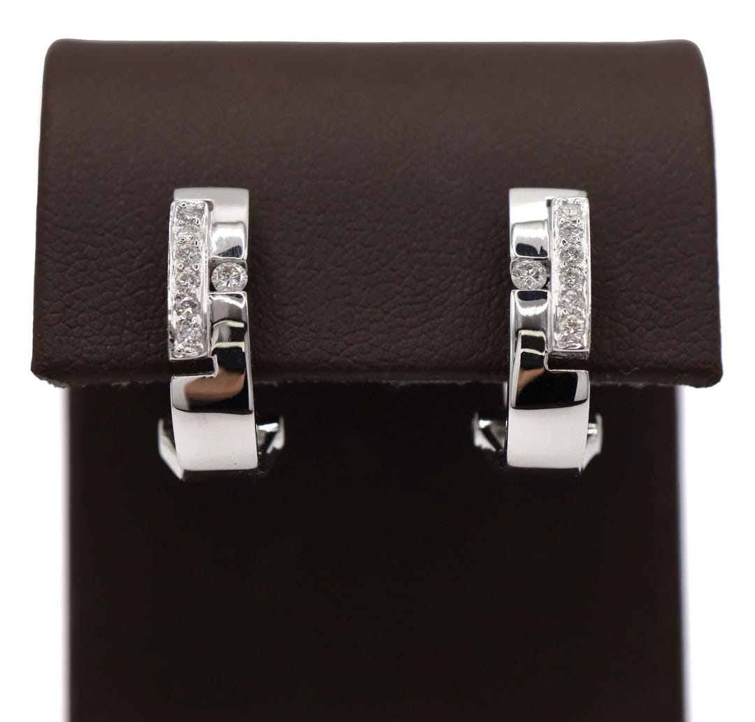 Diamond Row Tension Set Hoop Huggie 18K White Gold Women’s Earrings - Etsy