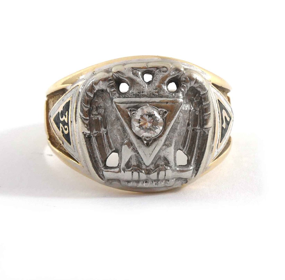 Men's Masonic 32nd Degree Diamond Two Tone 14k Yellow White Ring - Etsy