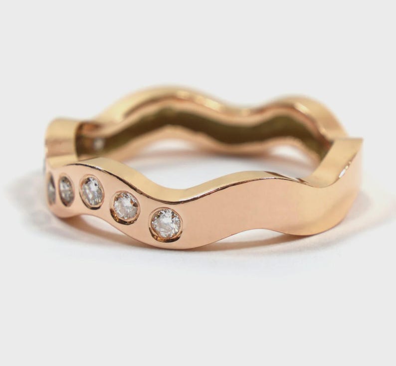Diamond 14K Rose Gold Wavy Stacking Band Women's Statement Ring, Gold ...